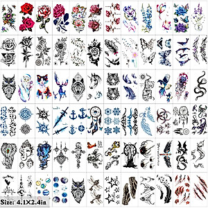 Hotoyannia 62 Sheets Black Temporary Tattoos Stickers for Women Men and Girl, 10 Large-Size That Look Real and Last Long, Include Black Scary Wolf Lion Tiger Skeleton Skull Halloween Fake Tattoos