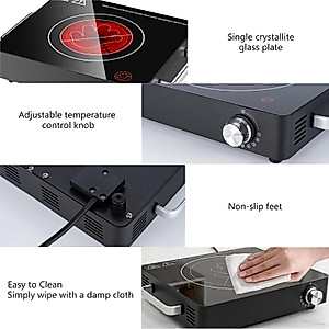 Rodzj Electric Hot Plate for Cooking, 1400w Portable Infrared Burner,7 In Single Burner Electric Glass Cooktop,9 Level Temperature Setting&Easy to Clean,Countertop Electric Stove for Home Kitchen Apt