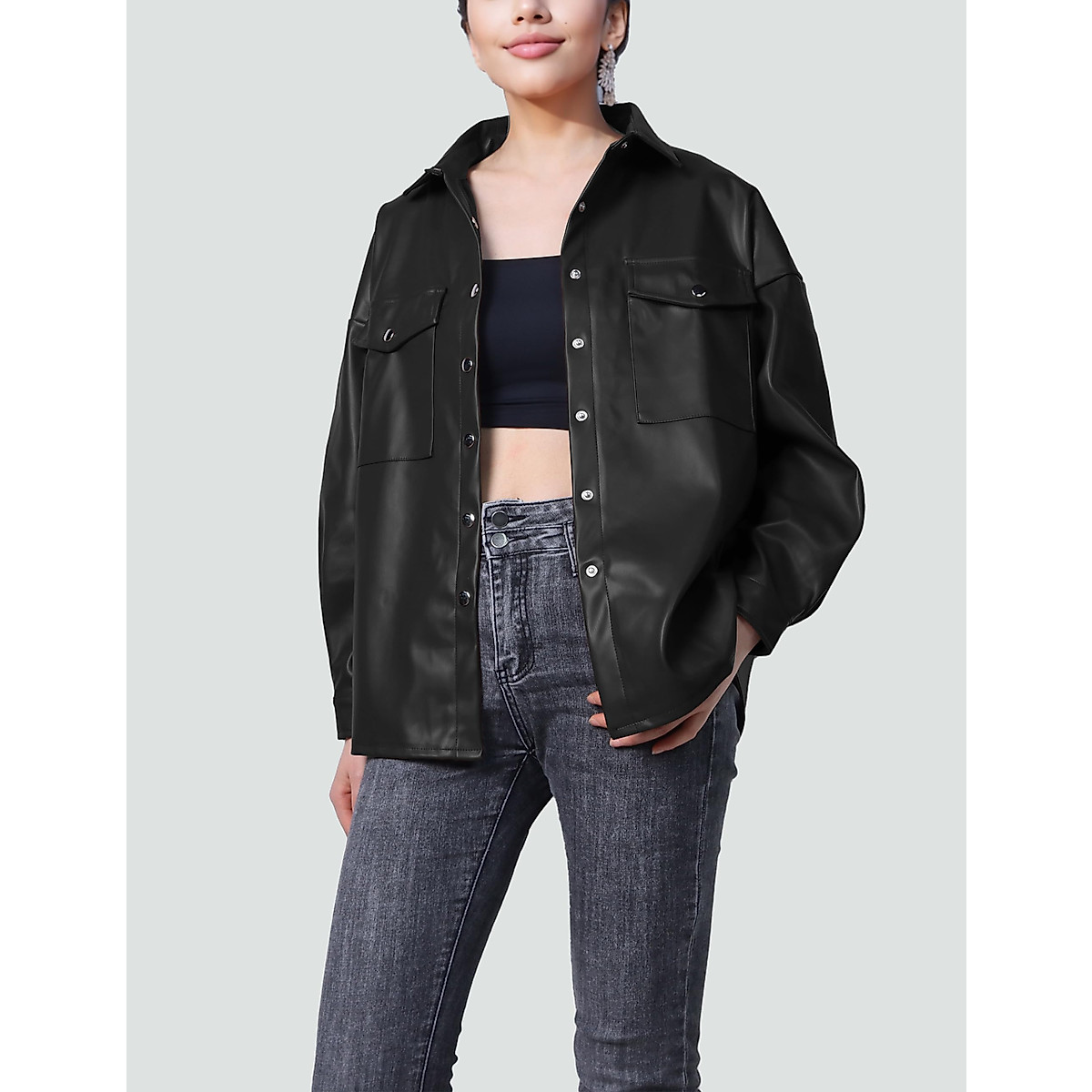 SeekMe Women's PU Leather Jacket Shacket Button Down Lapel Blazer Coat with Bust Pocket(0545-Black-L-QB)