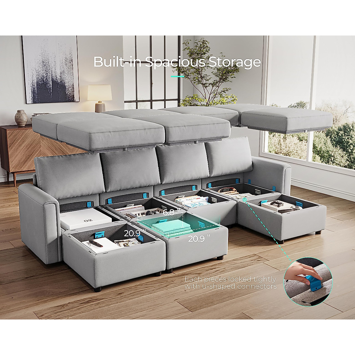 LINSY Home Modular Sectional Sofa, Convertible U Shaped Sofa Couch with Storage, Memory Foam, Modular Sectionals with Ottomans, 7 Seat Oversized Sofa Couch with Chaise for Living Room, Grey
