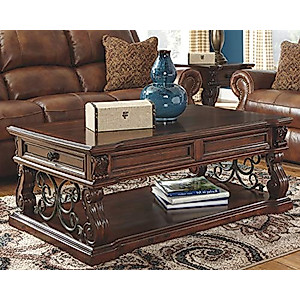 Signature Design by Ashley Alymere Traditional Lift Top Coffee Table, Hand-Finished with 2 Storage Drawers and Fixed Floor Shelf, Dark Brown