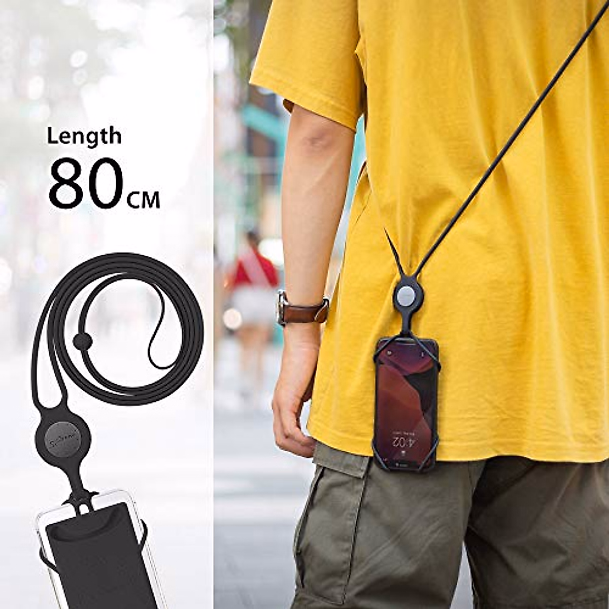 【Bone】 Crossbody Lanyard Phone Tie 2nd Card Holder for Phone Universal Crossbody Phone Lanyard for iPhone 13 12 11 Pro Max Mini, Adjustable Silicone Lanyard, Fits Phone 4-6.7" - Black