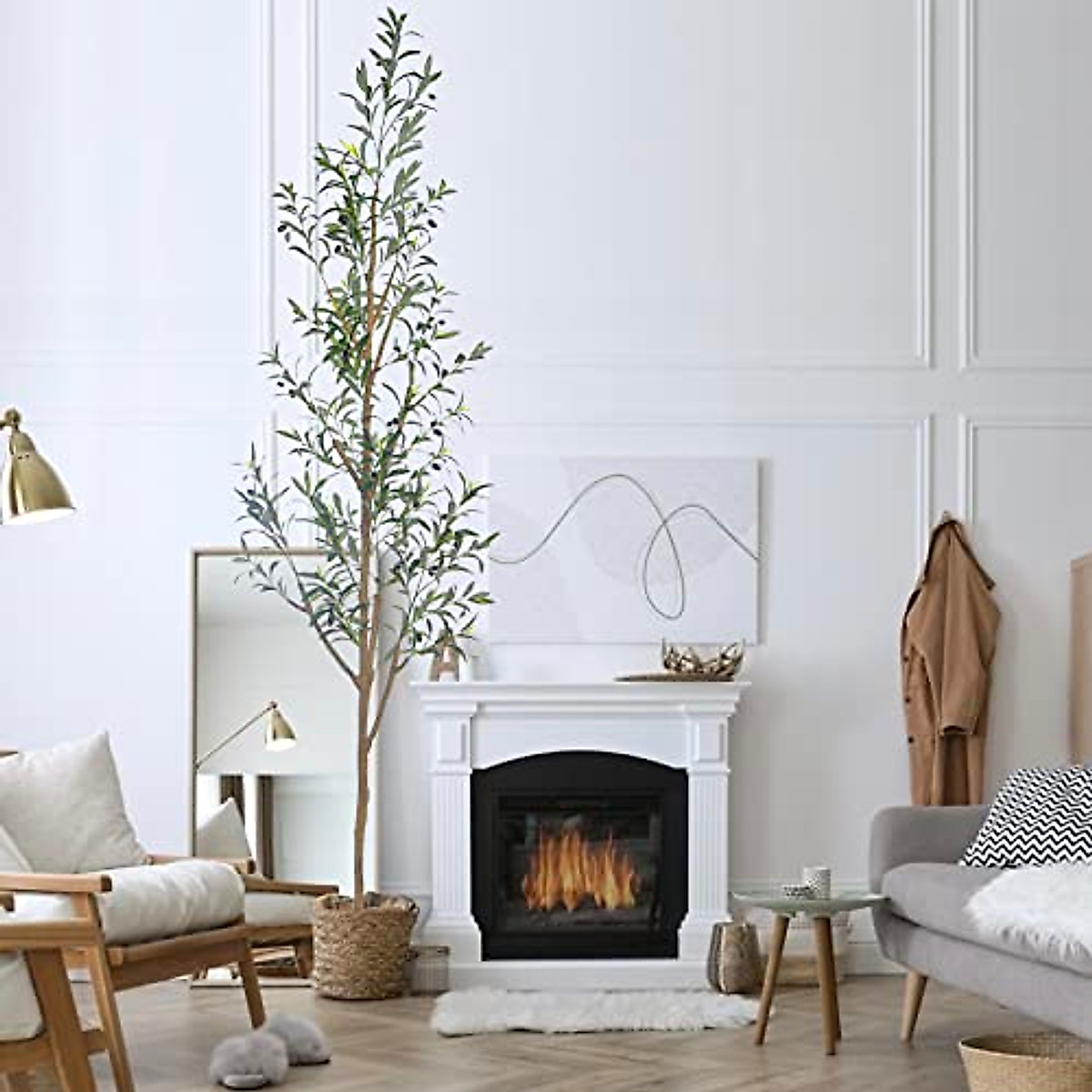 7.6FT (92'') Olive Tall Skinny Artificial Plants for Home Indoor, Fake Potted Olive Silk Tree for Modern Home Office Living Room Floor Decor Indoor