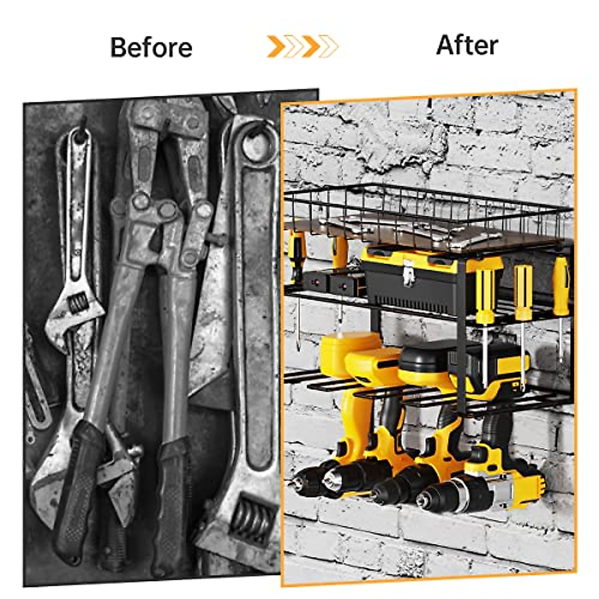 HOYRR Power Tool Organizer, Drill Holder Wall Mount, Garage Tool Organizers With 5 Drill Holders, Heavy Duty Tool Shelf With Basket, Perfect Tool Organizer Gift for Father