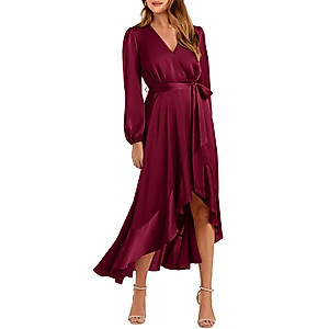 PRETTYGARDEN Women's Satin Fall Dress Semi Formal Satin Long Sleeve Wrap V Neck Ruffle Belted A-Line Flowy Maxi Dresses (Wine Red,Small)