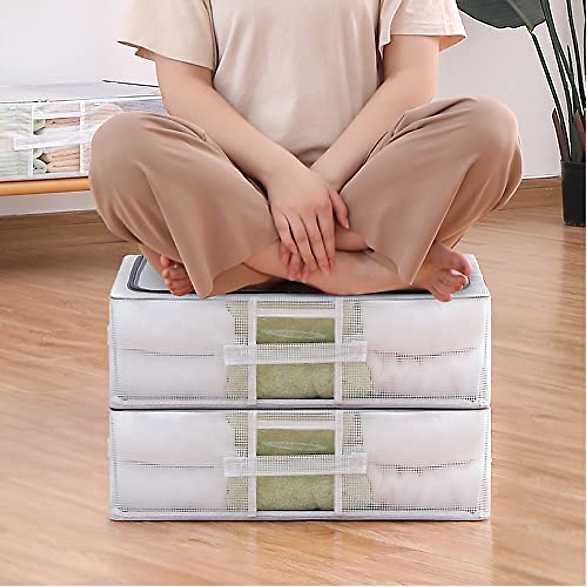 eYourlife2012 2 Packs Under Bed Dormitory Quilt Clothes Storage Box Organizer Transparent Flat Stackable Foldable Visible PVC Mesh with Steel Frame Storage Boxes Organizers