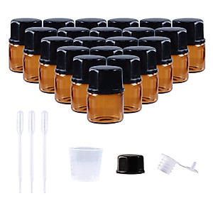 HWASHIN 50 Pack 1ml (1/4 Dram) Amber Mini Glass Essential Oils Sample Bottles with Black Caps for Essential Oils, Perfumes & Lab Chemicals (30ml Measuring Cup and 3 Droppers Included)
