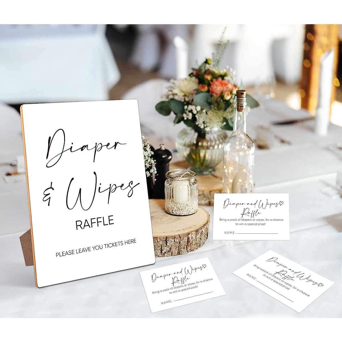 Diaper And Wipes Raffle Baby Shower Games,Baby Shower Decorations,Baby Shower Signs,Gender Reveal Decorations,Baby Shower Bingo,1 Wooden Play Sign with Stand and 50 Raffle Tickets Set