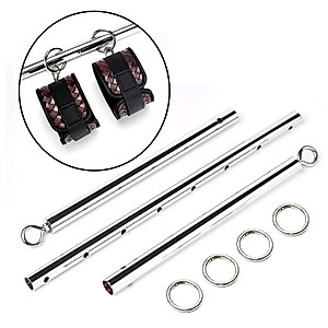 EXREIZST Silver Expandable Spreader Bar with 4 Brown Fur Leather Straps Nylon Belts Adjustable Exercise Sports Training Set