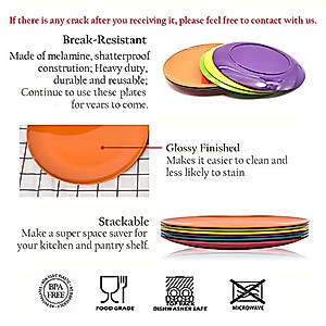 KOXIN-KARLU Melamine Plates, 10.5-inch Dinner Plates Dinnerware Dish, set of 6 in 6 Assorted Colors | 100% Melamine, Dishwasher Safe, BPA Free