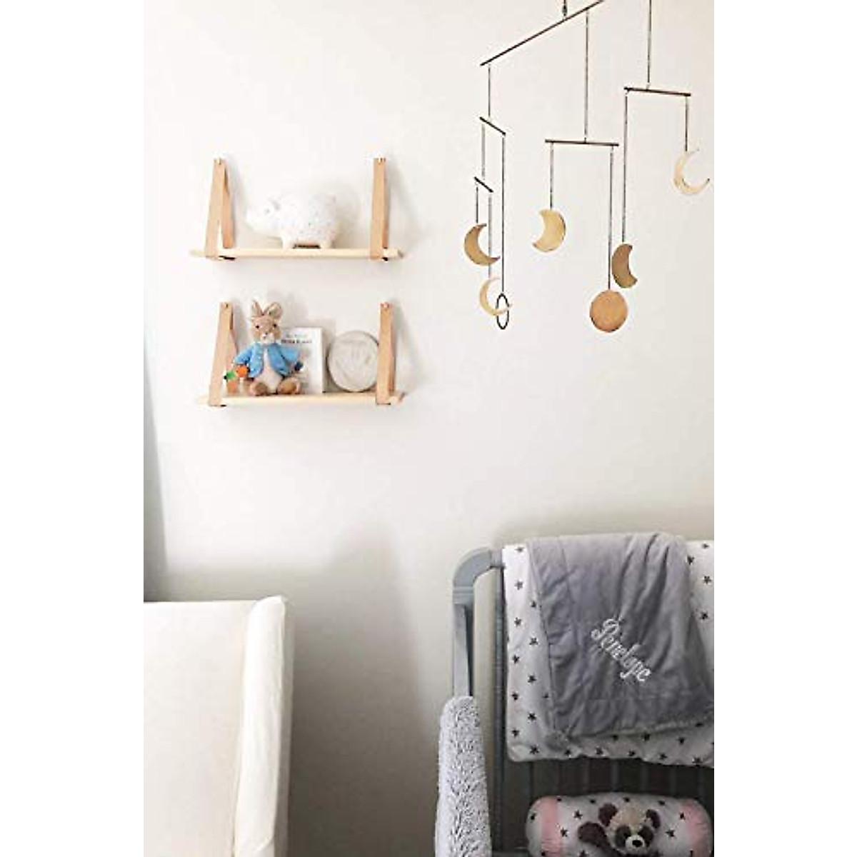 Mkono 4 Pack - 2pcs Hanging Wall Shelf Floating Wood Storage Shelves Leather Strap Swing Organizer, and 2pcs Macrame Woven Wall Hanging Boho Home Chic Bohemian Geometric Art Decor