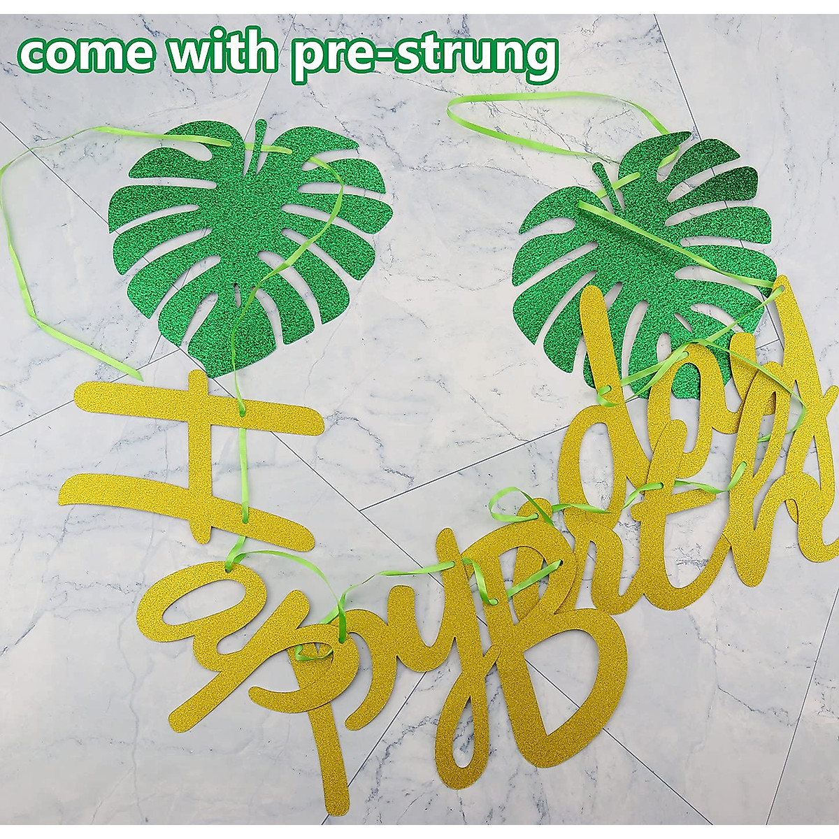 Hawaiian Party Happy Birthday Banner - Hawaiian Party Decoration, Birthday Banner for Luau Party Supplies, and Tropical Party Palm Leaf Decorations Glitter Decor
