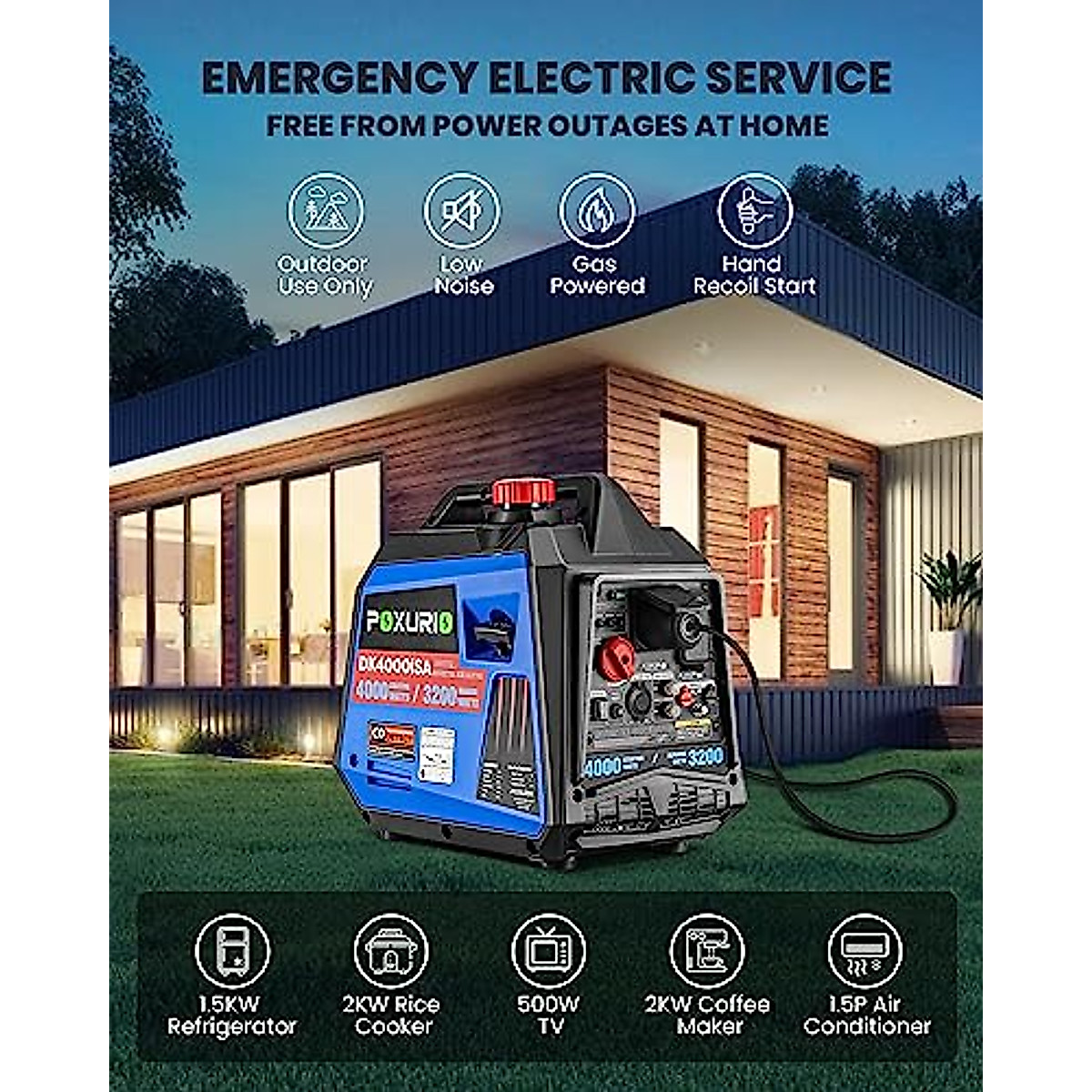 POXURIO Portable Inverter Generator, DK4000iSA, 4000W Gas Powered Generator, Super Quiet Generator, Eco-Mode/RV Ready/Lightweight/EPA Compliant/Carb for Outdoor Camping, Home, Dining Truck, Travel