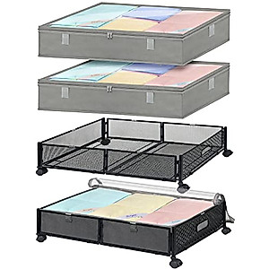 punemi Under Bed Storage with Wheels & Removable Bags, 2 Pcs Underbed Storage Containers Rolling Drawers with Handle, Metal Under Bed Shoe Organizers for Clothes Toys, Tool-free Assembly -Black