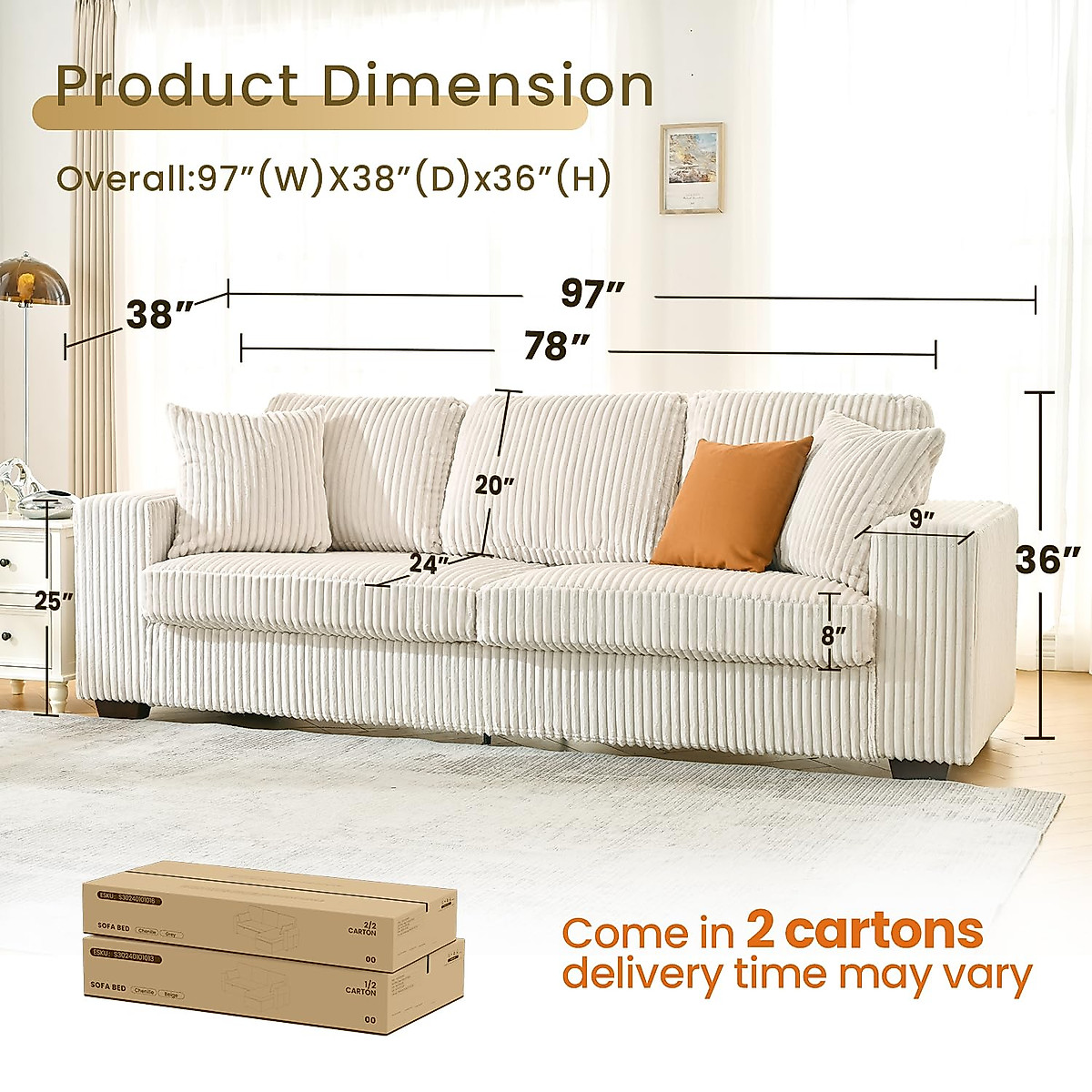 97 in Sofa Couch, Big Comfy Couch for Living Room, Cloud Couch with Oversized Armchair, Small Sofa with 24 in Deep Seat, Velvet Couch for Home and Apartment, Modern Couch, 3 Seater Couch, Beige