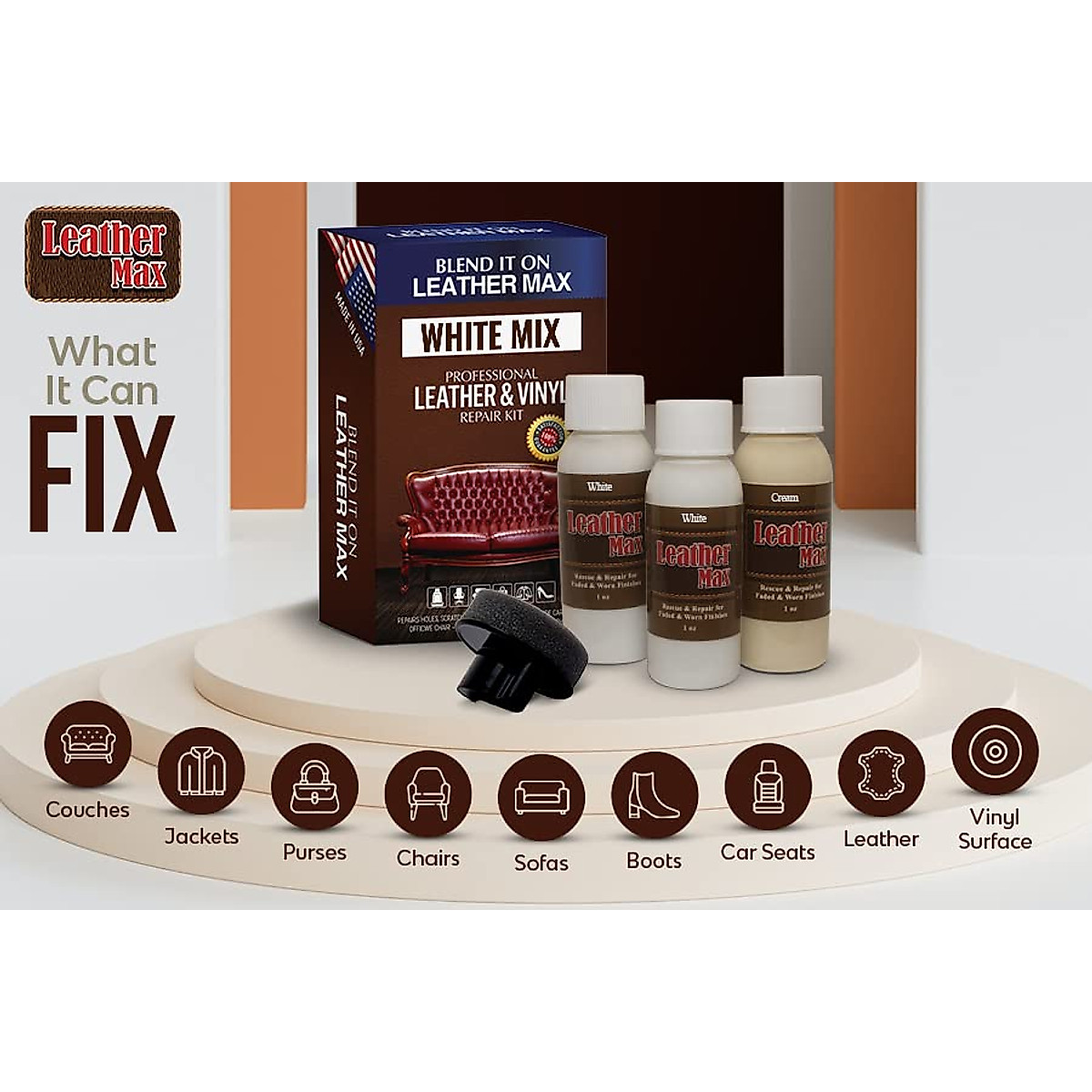 Leather Max Quick Blend Refinish and Repair Kit White, Restore Couches, Recolor Furniture & Repair Car Seats, Jackets, Sofa, Boots 3 Color Shades to Blend with/Leather Vinyl and More (White Mix)