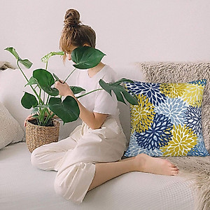 ChangQingArt Throw Pillow Cover Farmhouse Decorative Cotton Linen Pillow Cover Green Spring Flower Blue Yellow and Navy Chrysanthemum Brown Square Cushion Covers Sofa Bed Décor 16x16 inch