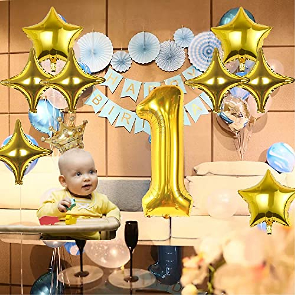 WEIKA 1st Birthday Decorations First Birthday Party Kit 32 Inch Number 1 Balloon 3D Letters Happy Birthday Banner Crown Foil Balloon Star Aluminum Ballons For Baby Shower Boys Girls Birthday(Gold)