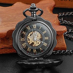 Realpoo Black Irregular Men's Mechanical Pocket Watch, Hollow Black Roman Dial Necklace Mechanical Pocket Watch for Men