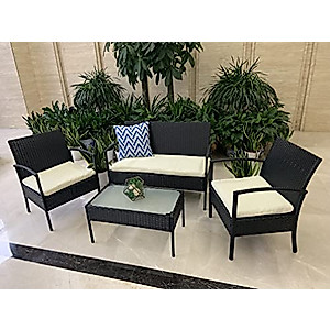 StellaHome Rattan Patio Outdoor Furniture Sets 4 Pieces Wicker Chairs Loveseats with Extra Cushion Covers for Replacement (Black Wicker/Grey&Beige Cushions)