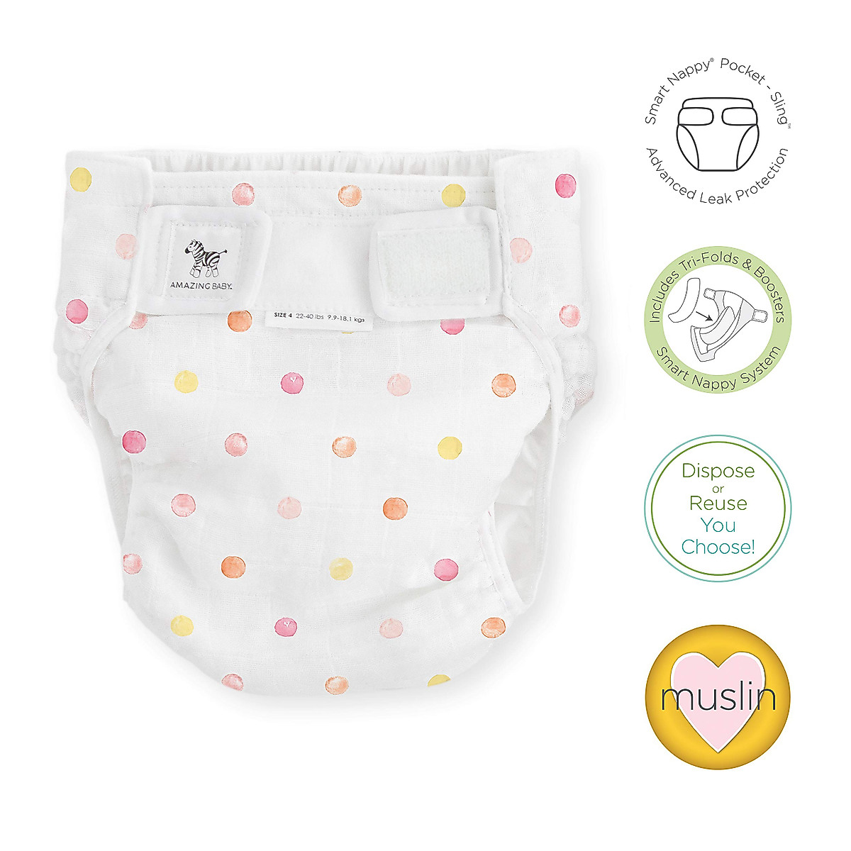 Amazing Baby Hybrid Cloth Diaper Cover with Pocket-Sling, Large, Sz 4 (22-40 lbs), Use with Boosties Inserts, Pink Watercolor Dots, SmartNappy Set includes Muslin Cover + Tri-fold Insert + Booster Pad