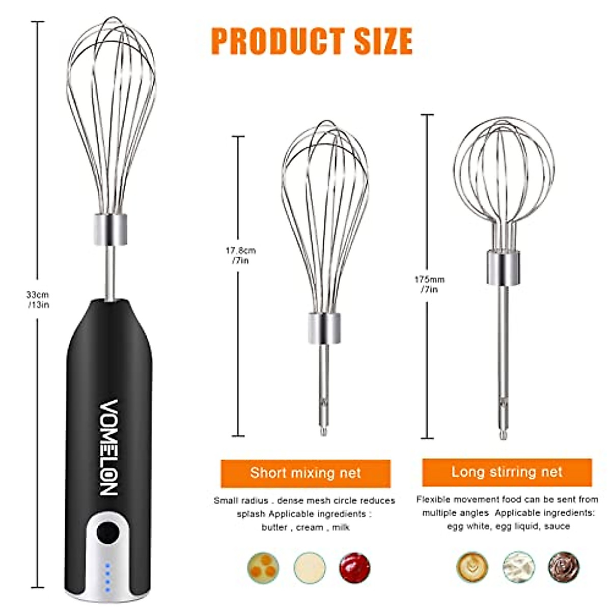 Electric Hand Mixer Whisk| Wireless Rechargeable Handheld Egg Beater with 2 Stainless Steel Mixing Heads | Portable Kitchen Aid Hand Mixer for Egg, Milkshake Cream, Cake, Baking & Cooking-Black