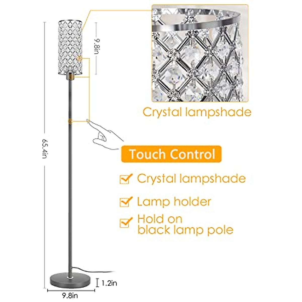 Assemer Touch Crystal Floor Lamp,Modern Sliver Standing Lamps with 3 CCT LED Bulb,Tall Pole Accent Lighting for Living Room,Girl Bedroom,Home Decor,Office