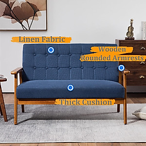 Dolonm Mid Century Modern Loveseat, Small Loveseat Sofa with Wood Frame, Linen Loveseat for Small Space, Settee Loveseat Bench for Bedroom, Button Tufted Oversized Living Room Armchair, Navy