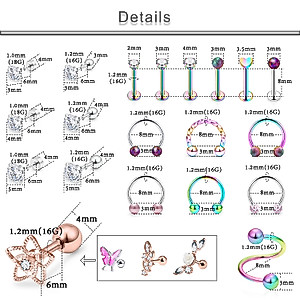 Yaalozei 16G Cartilage Helix Tragus Ear Earrings Stud Set Piercing Jewelry for Women 16 Gauge Stainless Surgical Steel Hypoallergenic Rook Daith Conch Earring Ring Hoop Piercings Jewelry Colorful Men
