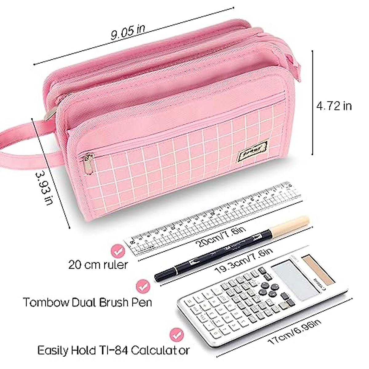 Sooez Large Pencil Case, Big Capacity Pencil Pouch Pen Bag with 3 Compartment, Portable Canvas Stationery Organizer with Zipper, Cute Aesthetic School Supplies For Teen Girls Boy College, Pink