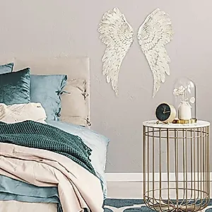 WHW Whole House Worlds Grand Tour Angel Wings, Vintage Style, Set of 2, Antique White, Artisinal Design, Hand Crafted, Bas Relief Sculptures, 21.75 Inches Tall