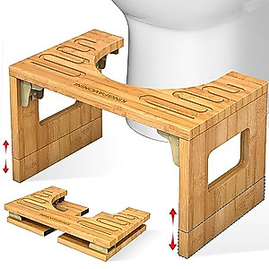 Bamboo Toilet Stool Squat 7in & 9in Adjustable Heights, Foldable Poop Stool for Bathroom Adults Kids, Potty Stool with Non-Slip Layer to Improve Bathroom Posture and Comfort, 400 lbs Capacity