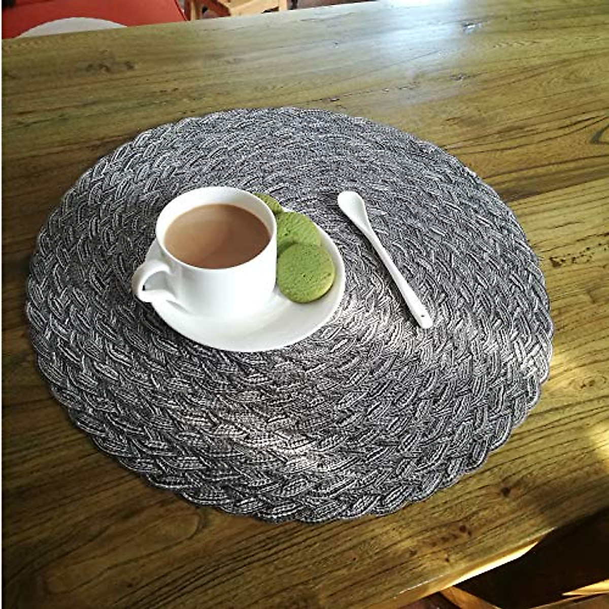Topotdor Round Placemats Heat-Resistant Stain Resistant Anti-Skid Washable Polyproplene Table Mats Placemats (Set of 6, Braided-Gray)