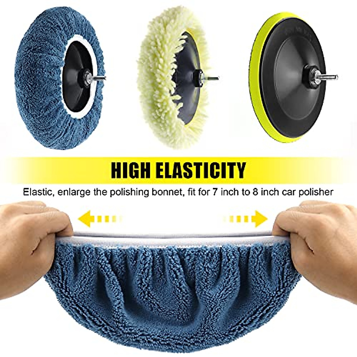 POLIWELL Wool Buffing Pads 7 Inch Set 100% Wool Buffing Pad Hook and Loop 3Pack, 5/8-11T Shark Backing Pad Kit, Cleaning Spur Tool + 7” Waxing Bonnet Pads 3pcs for Compound Cutting & Polishing, 9Pack