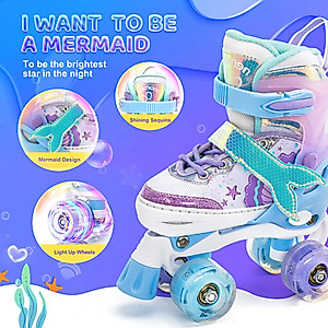 NEMONE Mermaid 4 Size Adjustable Light up Roller Skates for Girls, Blue Purple Skates for Toddlers, Beginner Kids Roller Skates Indoor Outdoor (Blue M)