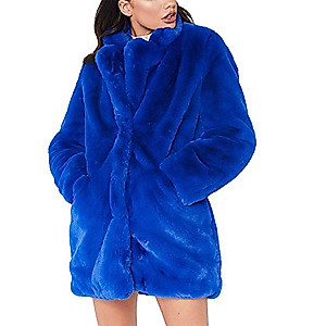 Remelon Womens Long Sleeve Winter Warm Lapel Fox Faux Fur Coat Jacket Overcoat Outwear with Pockets Blue L