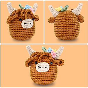 Crochet Kit for Beginners: Highland Cow Crochet Kit, Starter Crochet Kit, Include Easy Knitting Soft Yarn, Step-by-Step Video Tutorial, Hook, Birthday Gift for Adults and Kids(30%+ Yarn)