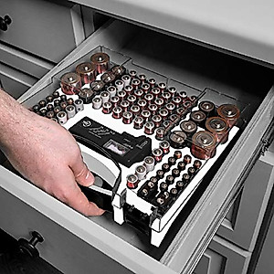Battery Pro Organizer and Battery Tester, Wall-Mount Battery Storage Case, Holds 100 Assorted AA, AAA, C, 9-Volt, CR123, CR1632, and Button Cell Batteries, (White)
