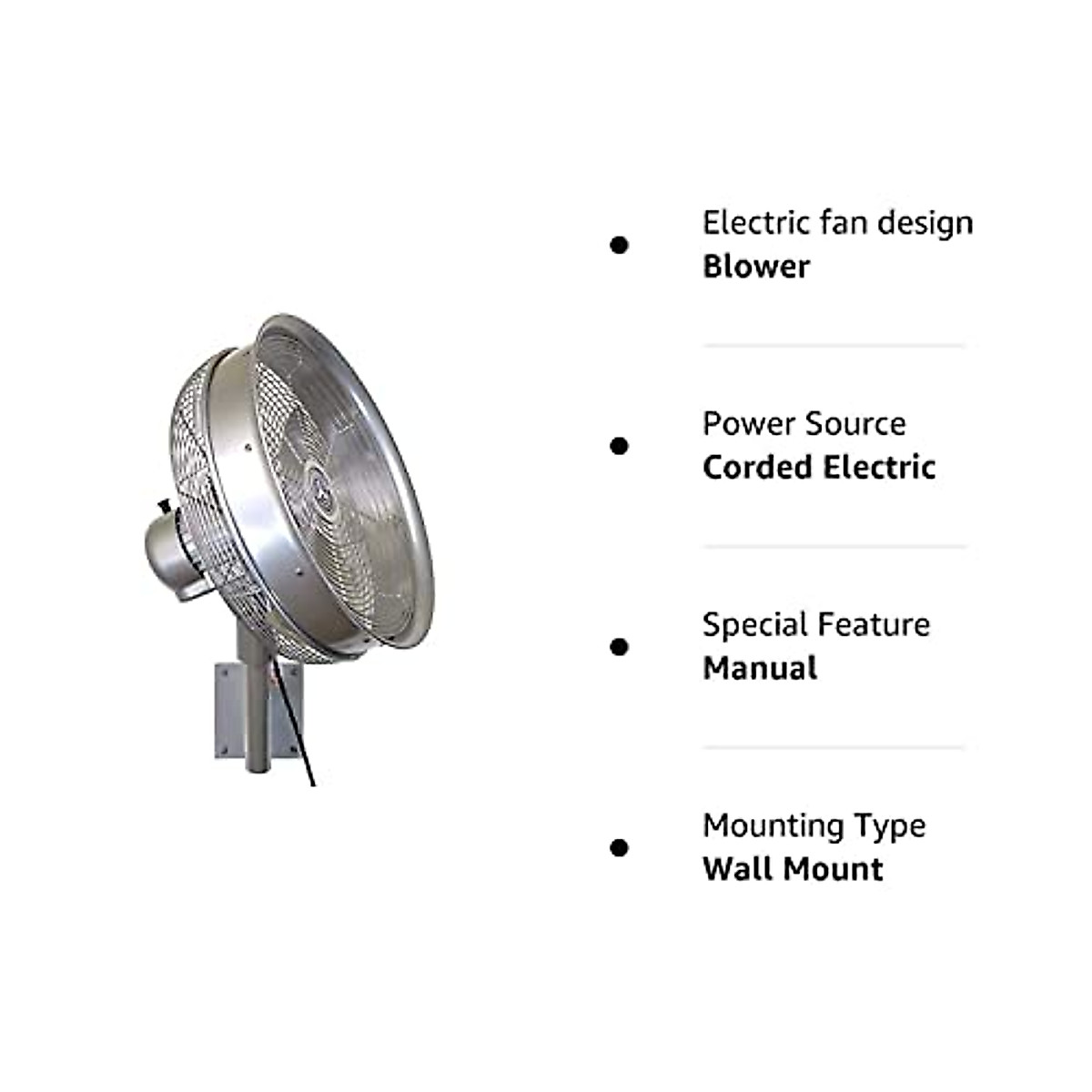 Hydromist Oscillating Wall Mounted Outdoor-Rated Fan, 3-Speed Cord Control, Hard Resin Fan Blade with Mounting Bracket and Black Cover, 18”, Metallic Silver