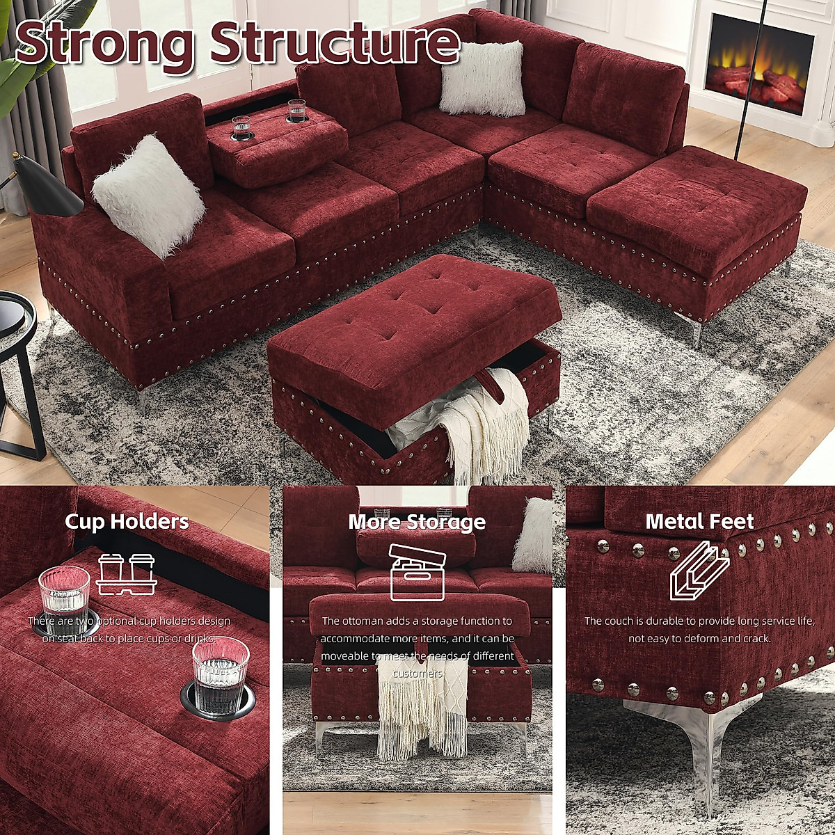 Yoglad Living Room Furniture Set, Sectional 5-Seater Sofa with Reversible Chaise, Corner Sofa Set with Ottoman, L Shaped Couch for Apartment, Living Room (107.5 Inch Chenille, Red)