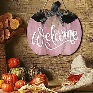 Ymaotrade Fall Sign Thanksgiving Door Hanger Pumpkin Welcome Sign Wooden Pumpkin Decor Hanging Porch Sign for Autumn Harvest Thanksgiving Farmhouse Wall Decoration (Pink) 12in