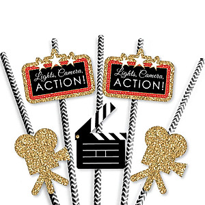 Red Carpet Hollywood - Paper Straw Decor - Movie Night Party Striped Decorative Straws - Set of 24