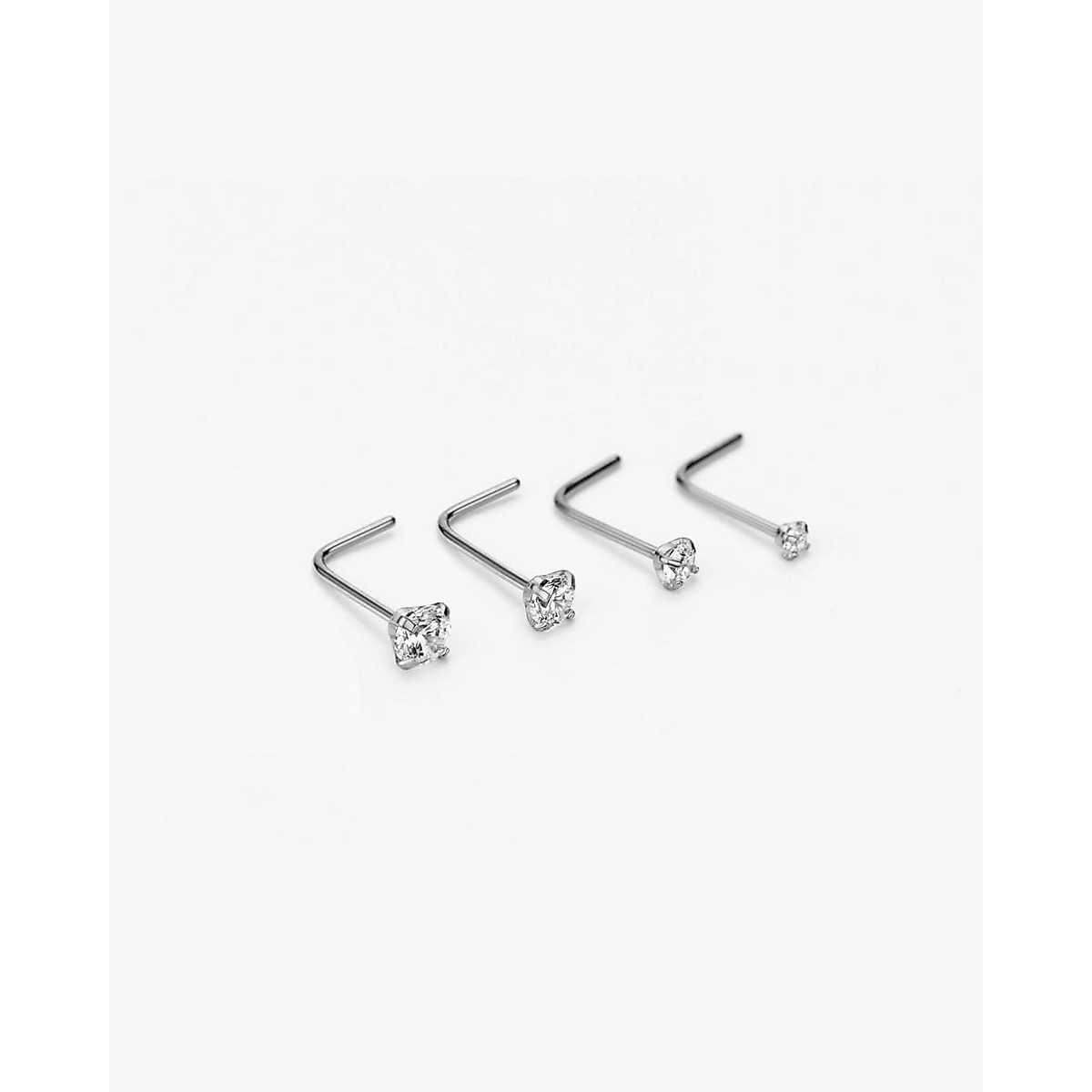 FANSING 4pcs 22g Nose Rings Studs 1.5mm 2mm 2.5mm 3mm CZ Diamond Nose Studs Cubic Zirconia Nose Stud Silver L Shaped Nose Studs for Women Nostril Piercing Jewelry 22 Gauge