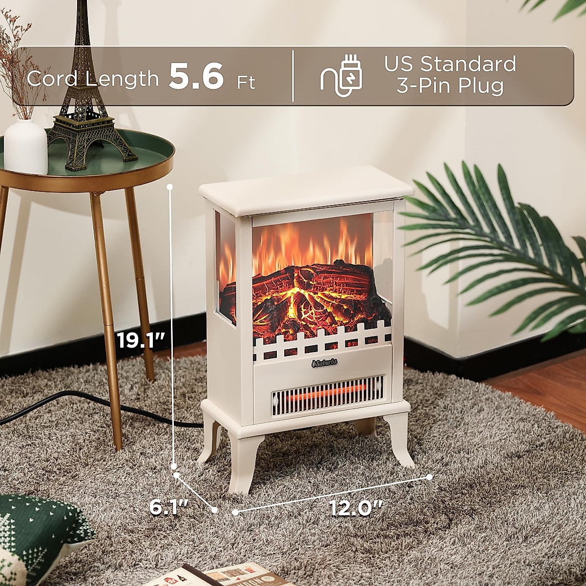 19" 1500W Infrared Electric Fireplace Stove, 3-Sided View, Realistic Flame, Overheat Protection, CSA Certified - For Small Spaces