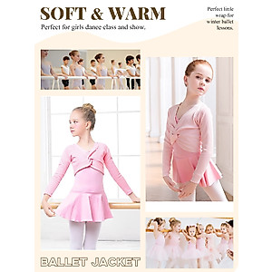 Soudittur Ballet Wrap Top Cotton Long Sleeve Dance Cardigan Shrug for Girls Black Pink White 3-13 Years (Small, Pink)