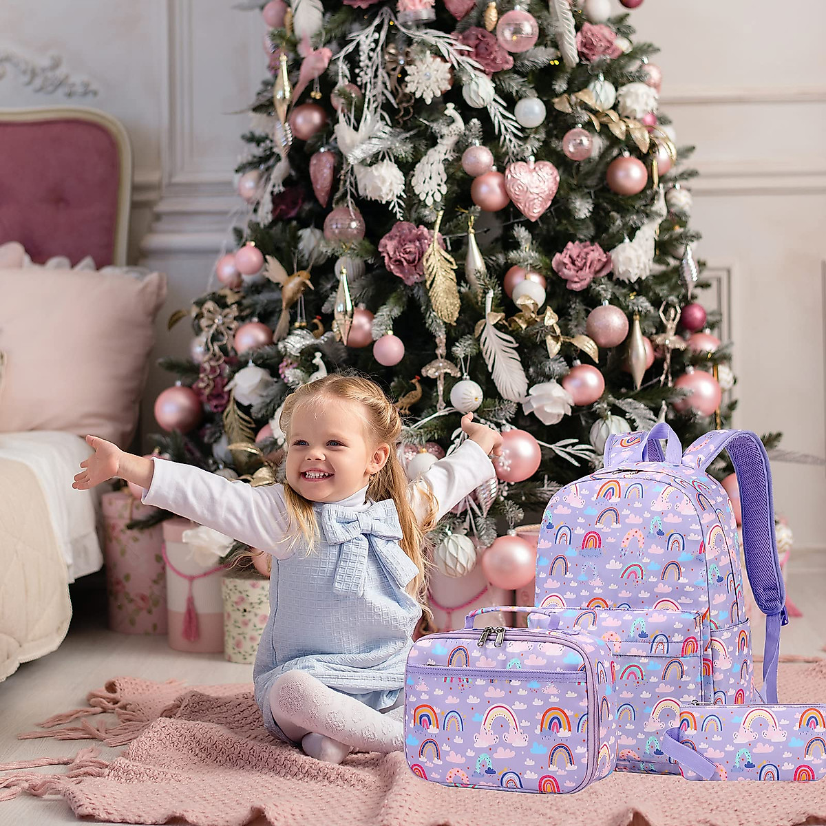 Rainbow Backpack for Girls, 3PCS Rainbow Backpack with Square Lunch Bag & Pencil Case Set for Girls, Large Capacity Kids School Bookbag Set for Preschool Kindergarten Elementary School