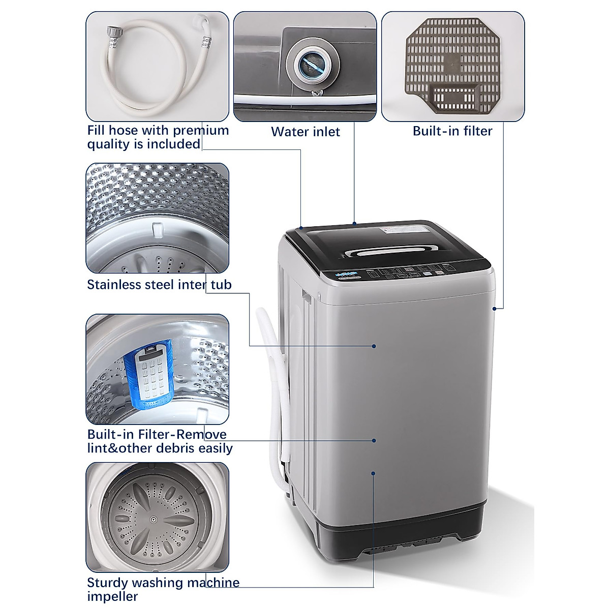 KRIB BLING Full-Automatic Washing Machine with LED Display, 17.7 lbs Portable Compact Laundry Washer with Drain Pump, 10 Wash Programs 8 Water Levels, Grey, XQB201A-GREY 177