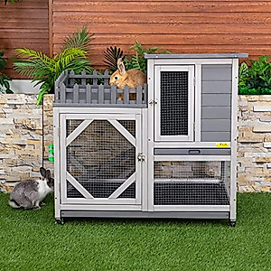 COZIWOW Rabbit Hutch with Balcony,Large Rabbit Cage Bunny Cage on Wheels,Guinea Pig Coop for Indoor Outdoor, Ramp, Pull-Out Tray, Water Bottle, Gray