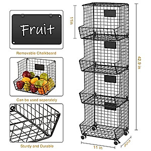 4 Tier Fruit Basket Kitchen Rolling Wire Vegetable Fruit Cart Rack, Stackable Potato Onion Organizer Bin with Wheels and Chalkboards, Wall Storage Bakset for Fruits and Vegetables