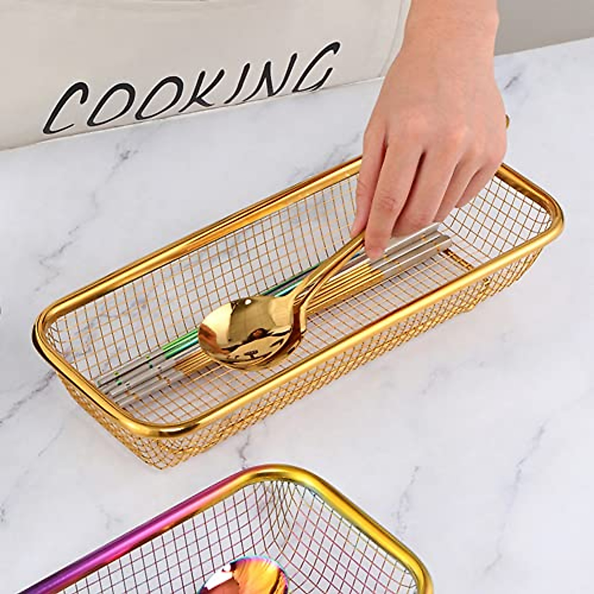 TUPMFG Kitchen Drawer Organizer, Stainless Steel Storage Basket for Silverware,Kitchen Utensil,Cutlery Tray Set Of 2, Gold